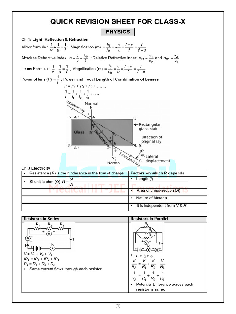 CBSE-Quick Revision Sheet Science (Class-X) | PDF | Chemical Reactions ...