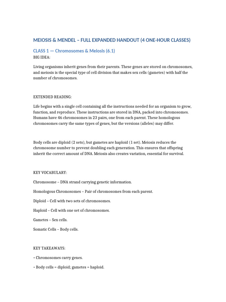 Meiosis and Mendel Expanded Handout | PDF | Meiosis | Ploidy