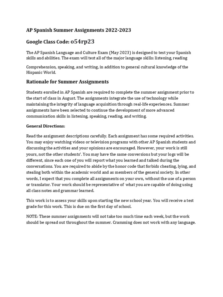 AP Spanish Summer Assignment 2022 | PDF | Grammatical Tense | Linguistics