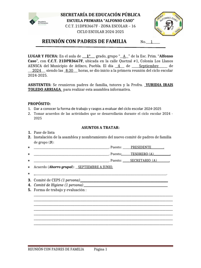 Primera Reunion Con Padres de Familia | PDF