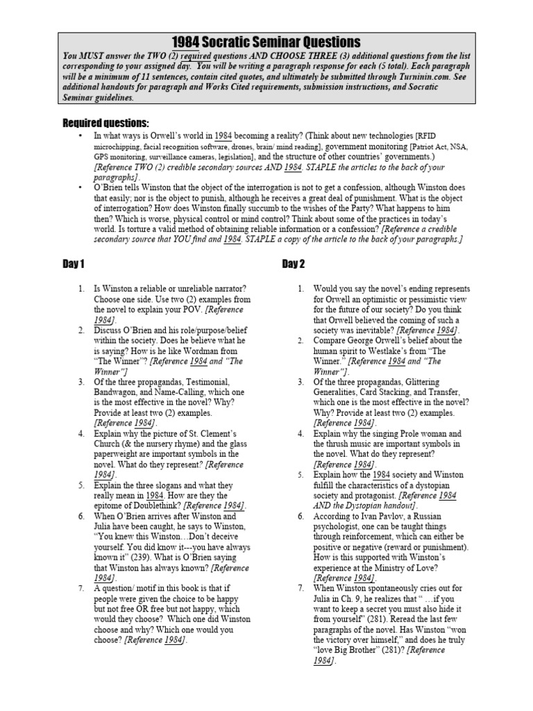 1984 Socratic Seminar Topics PDF | PDF