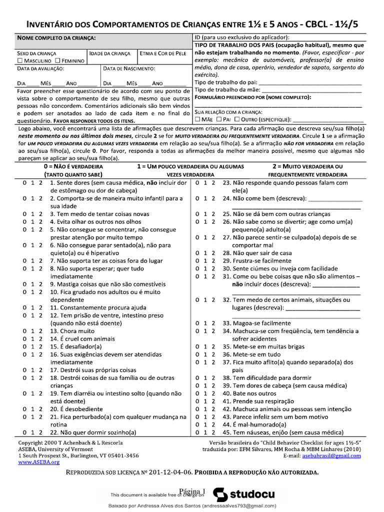 CBCL Pre Escolar | PDF