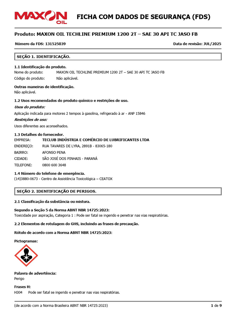 Maxon Oil Techline Premium 1200 2T - Sae 30 Api TC Jaso FB | PDF