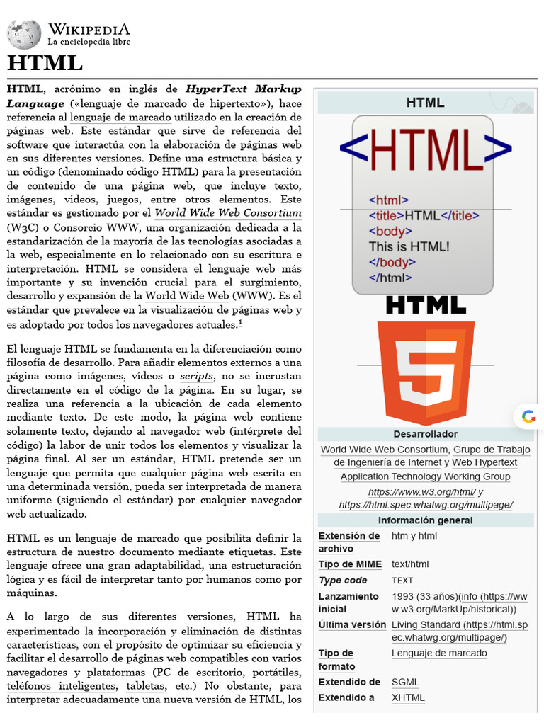HTML - Wikipedia, la enciclopedia libre | PDF | HTML | Red mundial