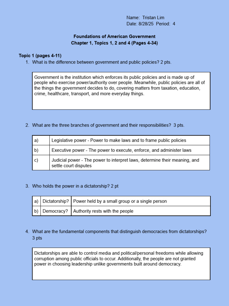 #4 - Ch. 1 HW 2025 - Foundations of American Government | PDF