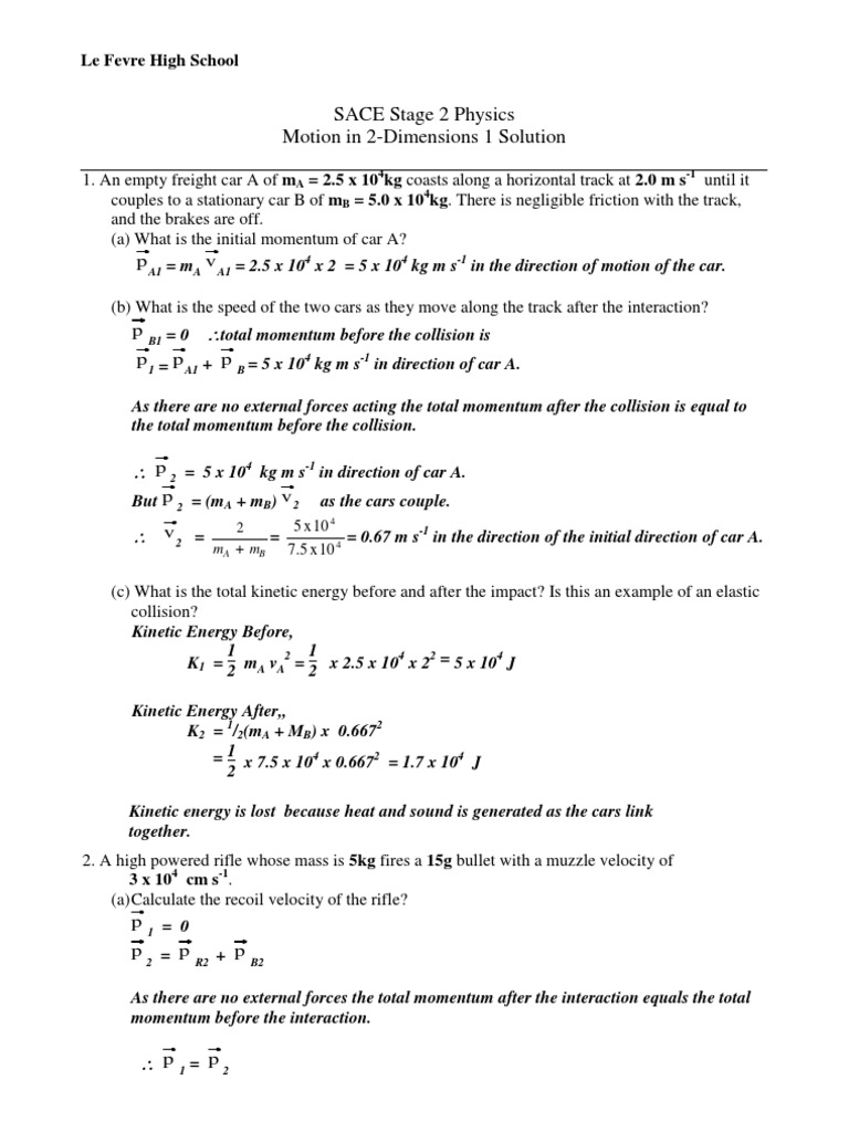 Worksheet - Momentum in 2-Dimensions 1 Solution | PDF | Collision ...