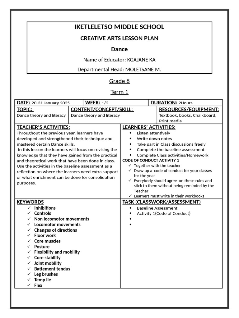 Lesson Plan GR 8 Dance Week1-2 | PDF