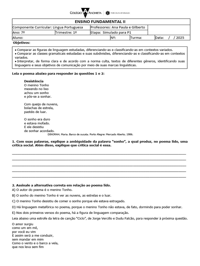 Simulado P1 1° tri 7° ANO 2025 (2) | PDF | Pronome | Classe gramatical