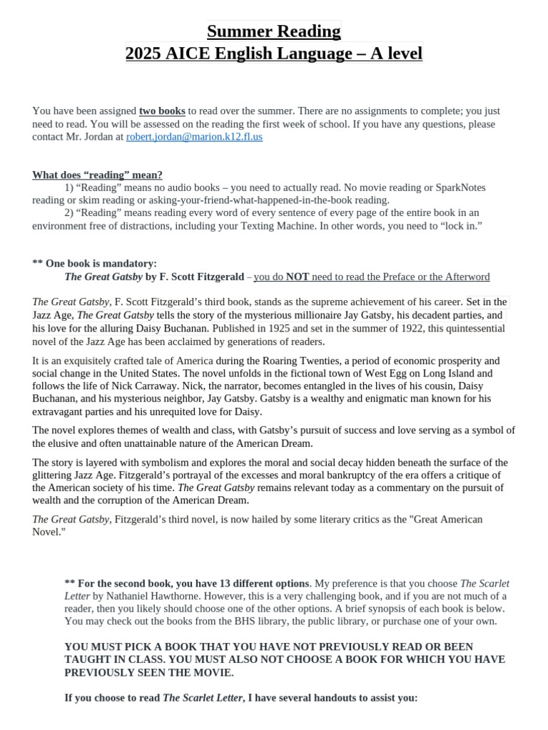 AICE Lang 2 - (A Level - 11th) 2025 | PDF | The Great Gatsby ...