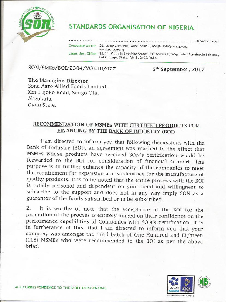 SON-LETTER For Sona Agro To BOI Financing | PDF