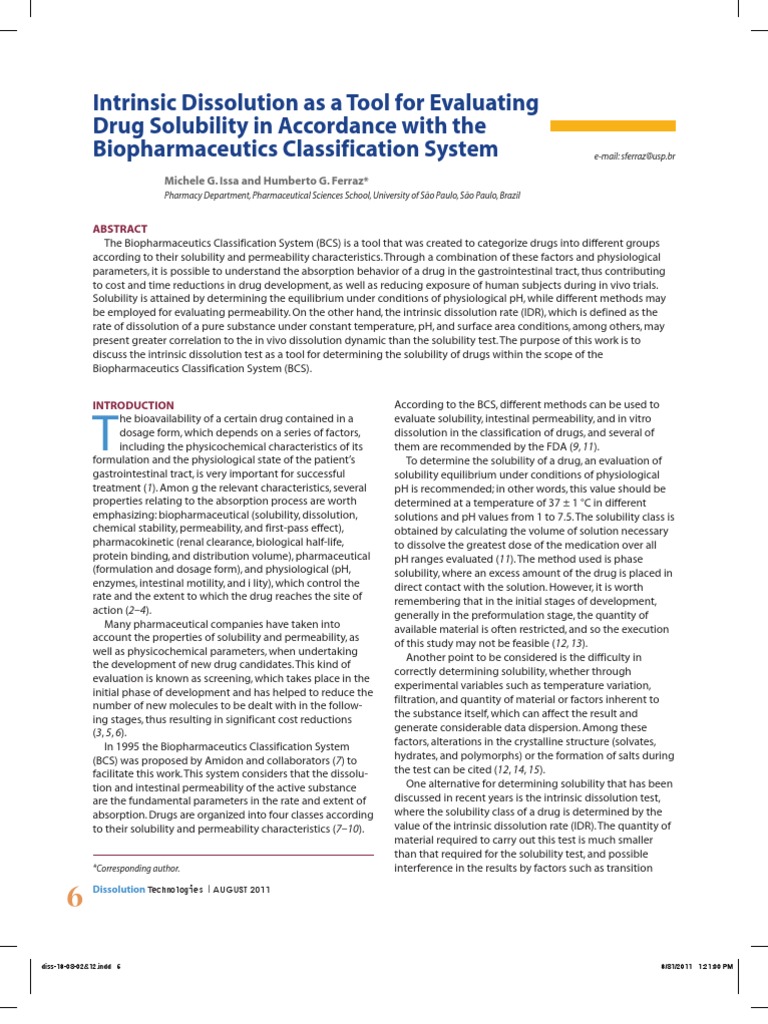 Intrinsic Dissolution Pdf Bioavailability Dissolution Chemistry