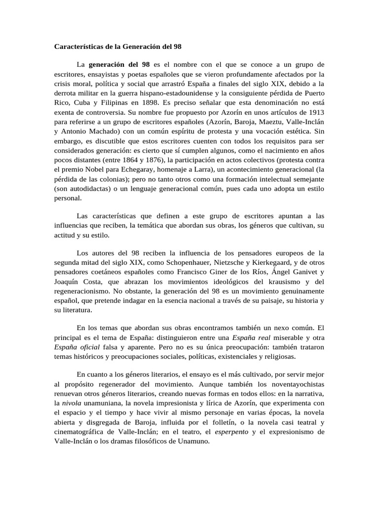 La Generación Del 98 | PDF