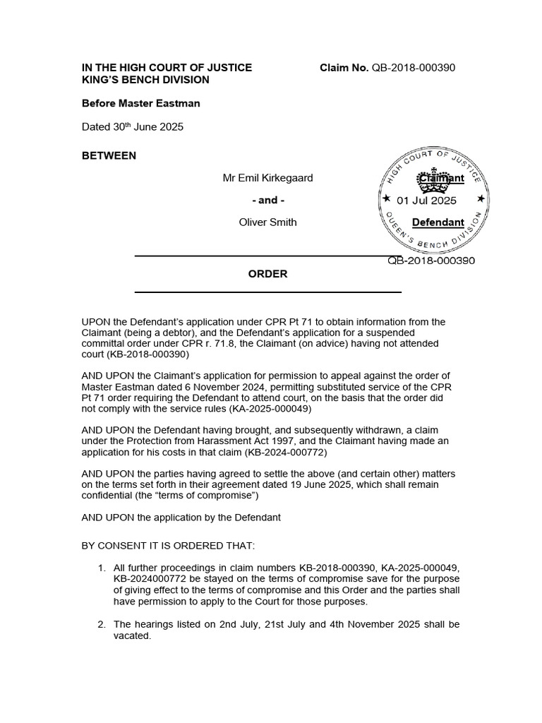 Tomlin Order Kirkegaard V Smith | PDF | Civil Law (Common Law ...