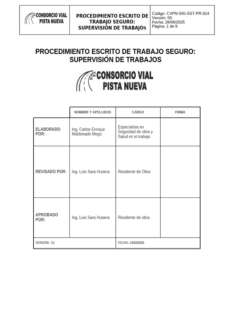 Cvpn-Sig-Sst-Pr Ver.01 Procedimiento Escrito de Trabajo Seguro Trabajo ...