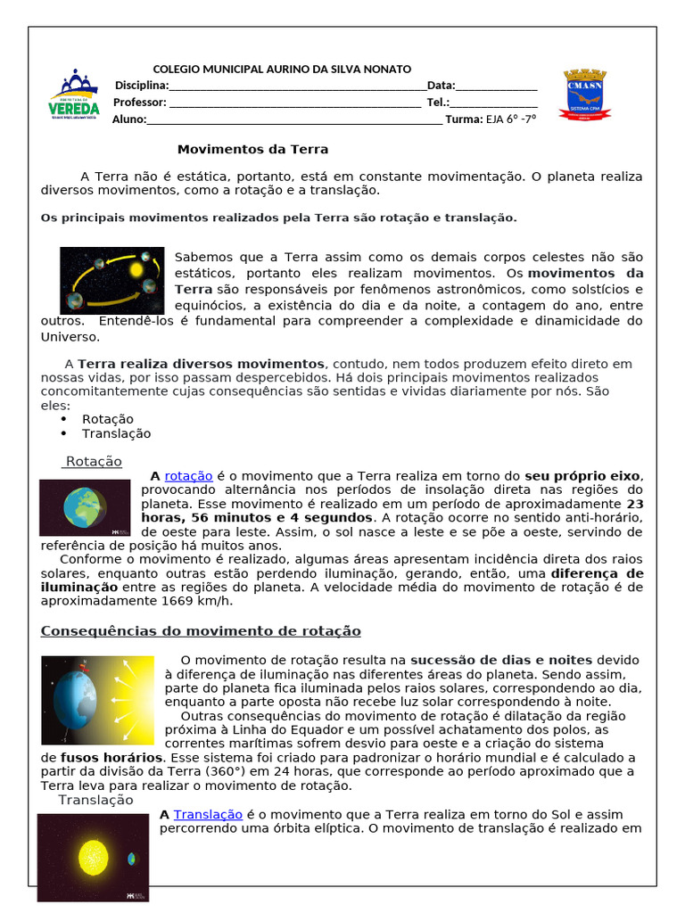 Atividade Moviento Da Terra 6º 7º | PDF | Terra | Astronomia