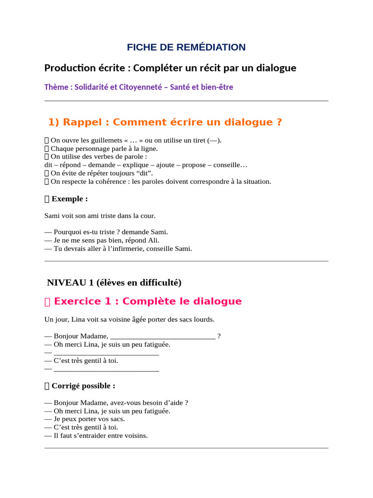 FICHE de REMÉDIATION 2éme Trimestre 2026 Production Écrite | PDF