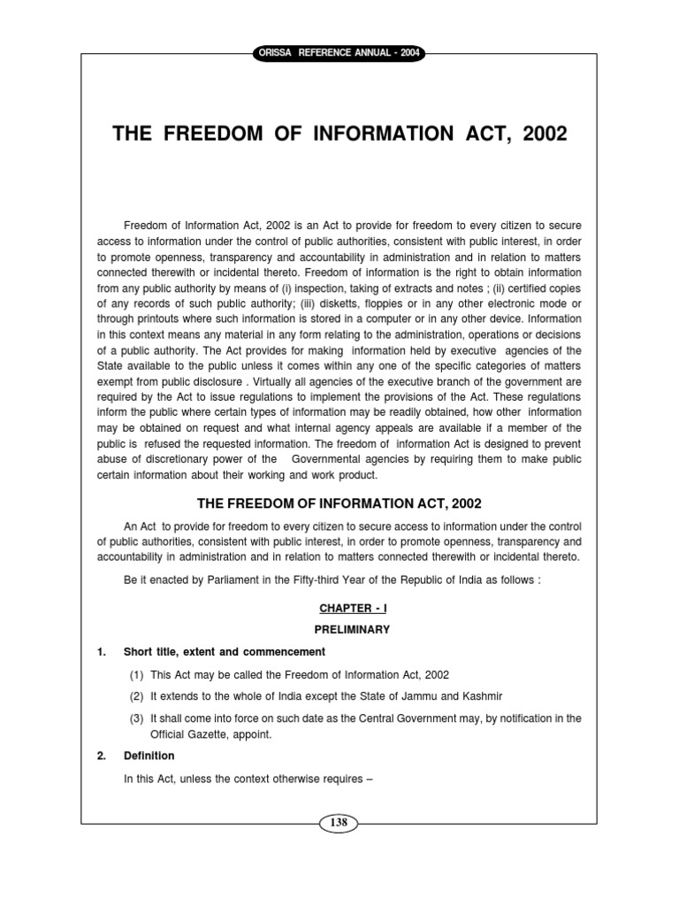 Freedom of Information Act, 2002 Overview | PDF