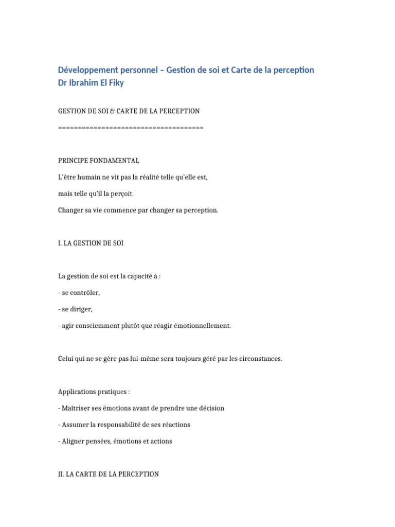 Gestion de Soi Carte de La Perception Ibrahim El Fiky | PDF