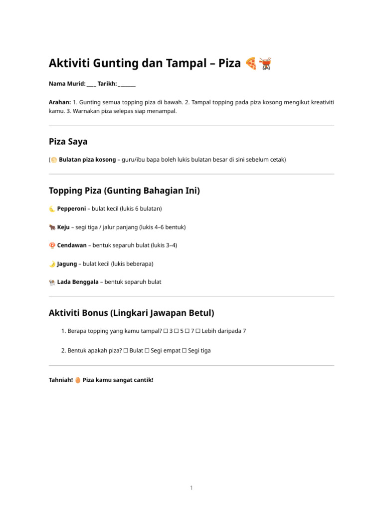 Worksheet Aktiviti Gunting Dan Tampal - Piza (6 Tahun) | PDF