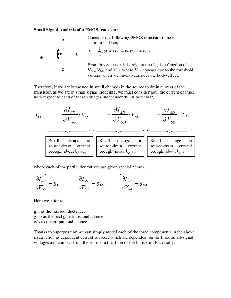 Small Signal Analysis of A PMOS Transistor: V V V Cox I | PDF