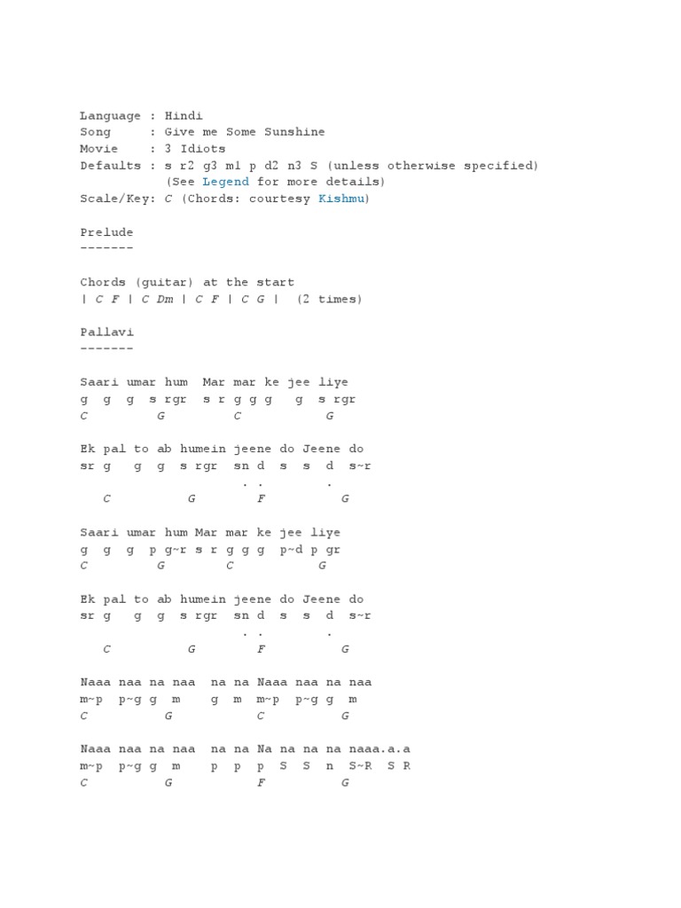 Guitar Chords For Give Me Some Sunshine