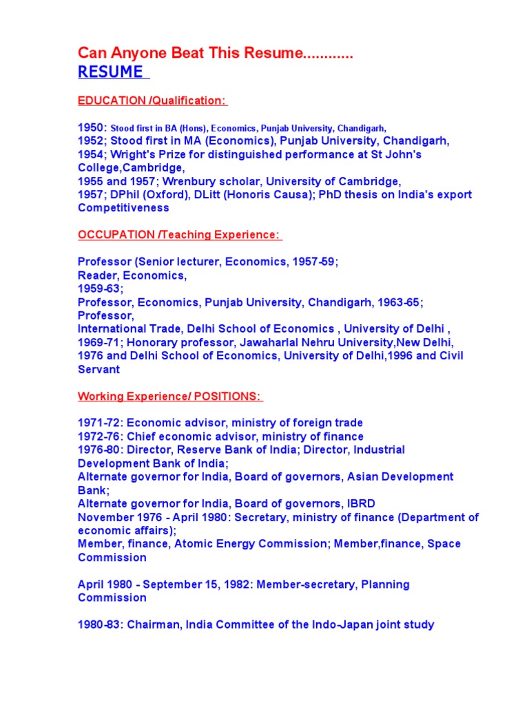 Resume PM Manmohan Singh | Government Of India | Politics