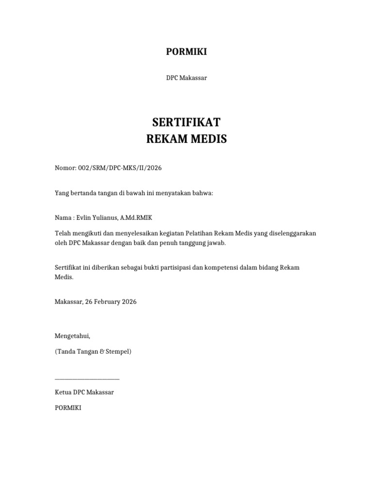 Sertifikat Rekam Medis Evlin Yulianus PORMIKI 2 | PDF