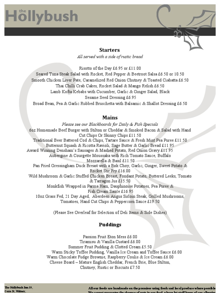 Hollybush Inn Menu: Fresh Local Cuisine | PDF