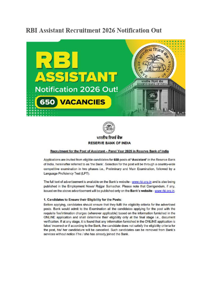 RBI 2026 Asst-650 Vacancies | PDF | Reserve Bank Of India | Qualifications