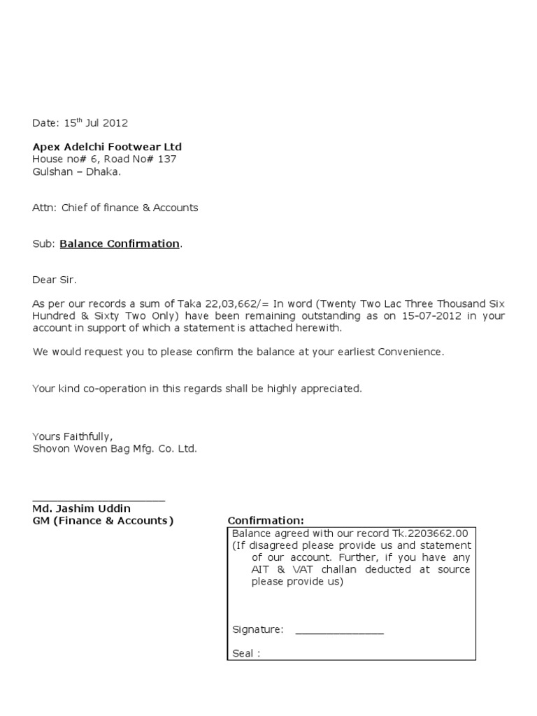 Balance Confirmation Letter Dtd 10 07 2011 Bangladesh Bengal