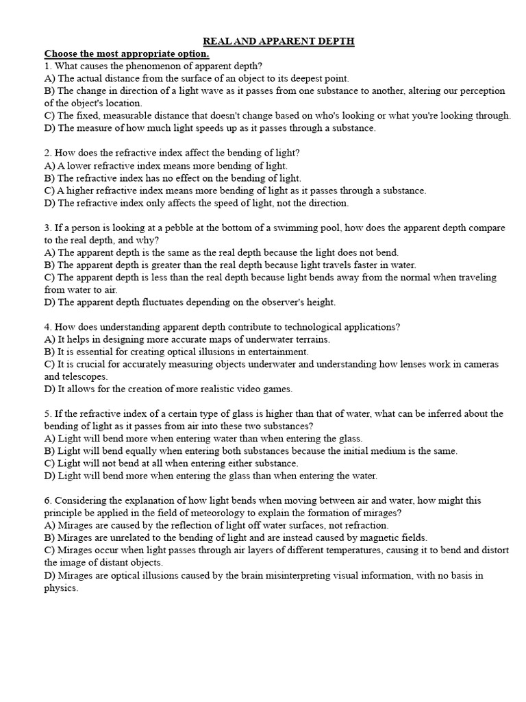Real & Apparent Depth Worksheet | PDF | Refraction | Light