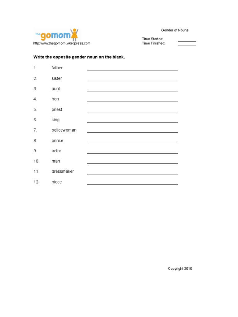 Gender of Nouns Worksheet: Feminine, Masculine, Common & Neuter | PDF ...