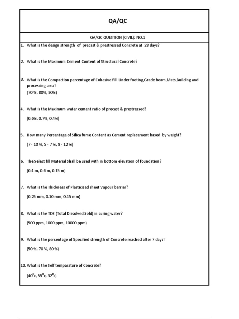 Questions For QA QC Civil | PDF | Concrete | Screw