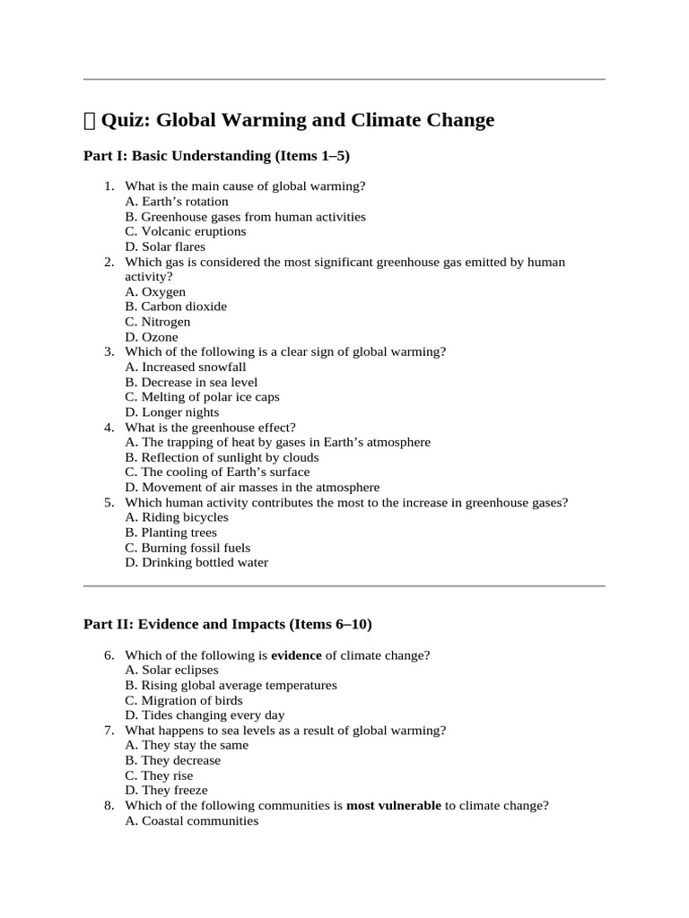? Quiz On Global Warming | PDF | Climate Change | Greenhouse Effect