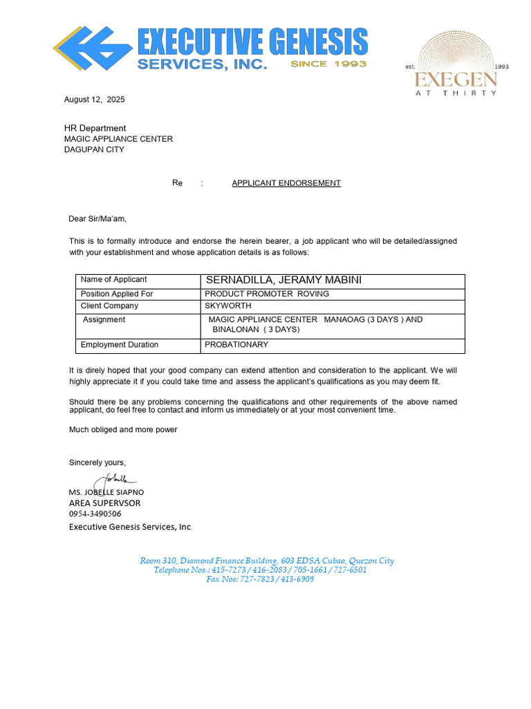 Intro Letter Sernadilla Jeramy Mabini | PDF