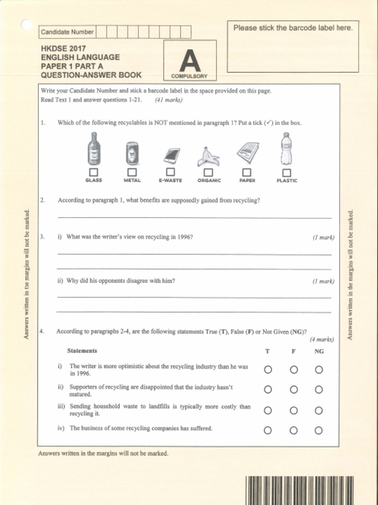 DSE2017 Paper 1 Part A Question Answer Book | PDF