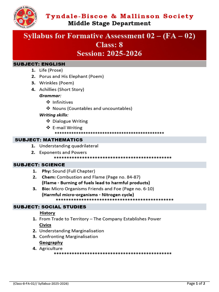 Class-8 FA-02 Syllabus 2025-26 | PDF