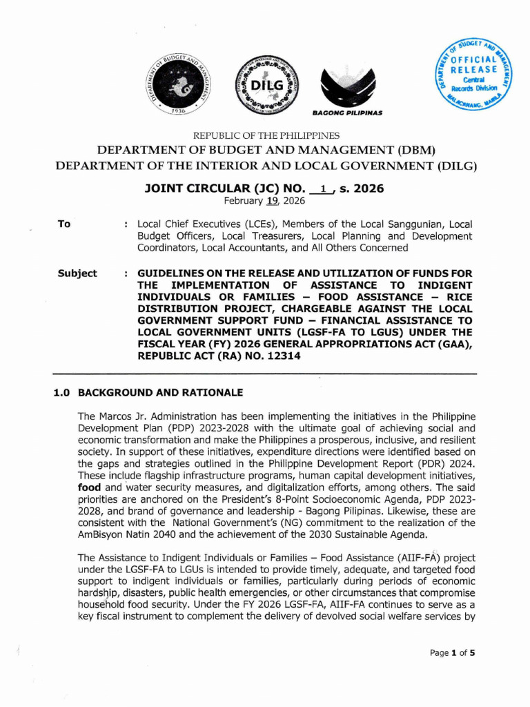 DBM+DILG Joint Circular No. 1 PS 02262026 | PDF | Food Security | Poverty