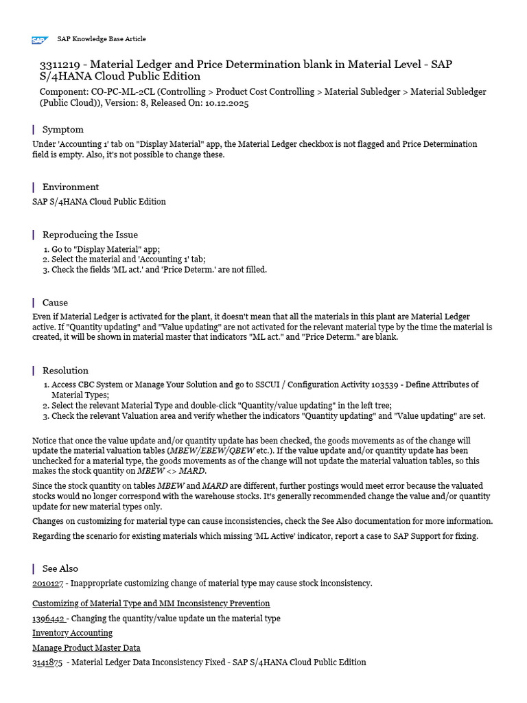 Material Ledger and Price Determination Blank in Material Level - SAP ...