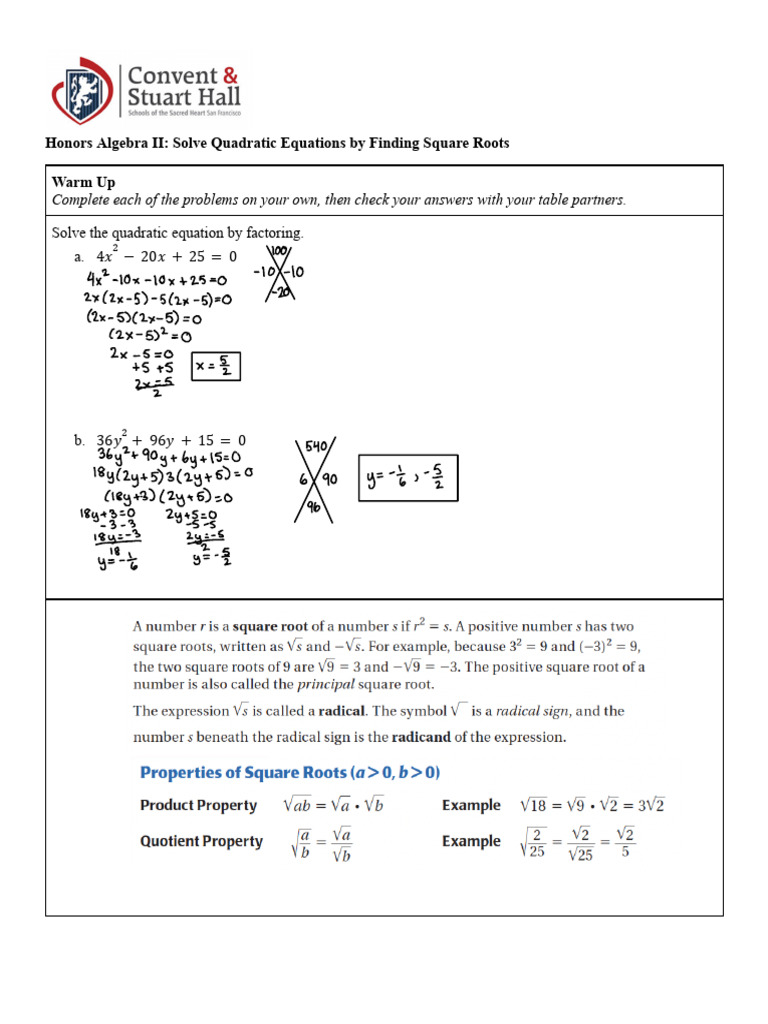 1.4 Solve Quadratic Equations by Finding Square Roots Notes | PDF ...