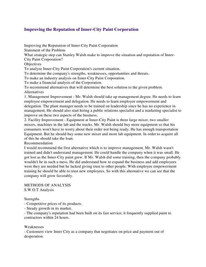 Improving The Reputation of Inner City Paints | PDF | Expense | Equity ...