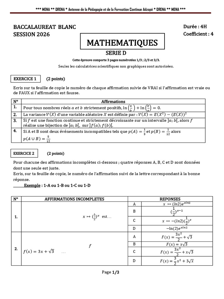 Sujet Série D Math Bac Blanc 2026 | PDF | Nombre complexe ...