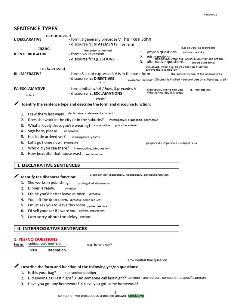 01 Sentence Types Handout | PDF | Question | Linguistic Morphology