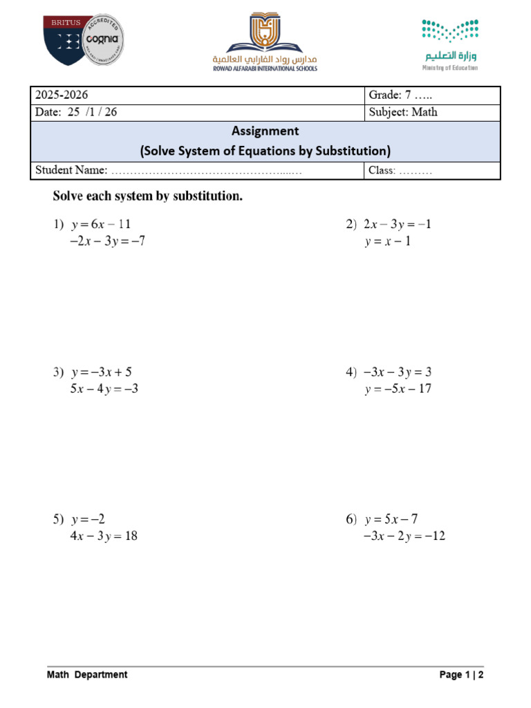 Gr7 Math Assignment Substitution | PDF