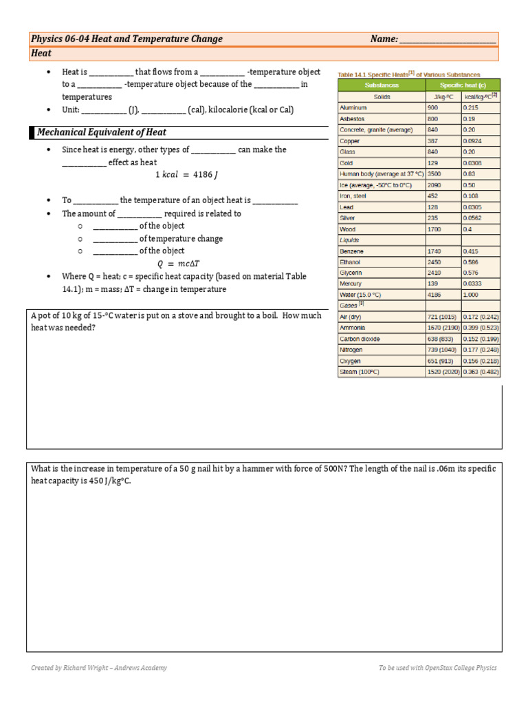 Physics 06-04 Heat and Temperature Change | PDF | Heat | Calorie
