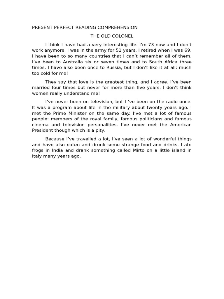 Present Perfect Reading Comprehension | PDF