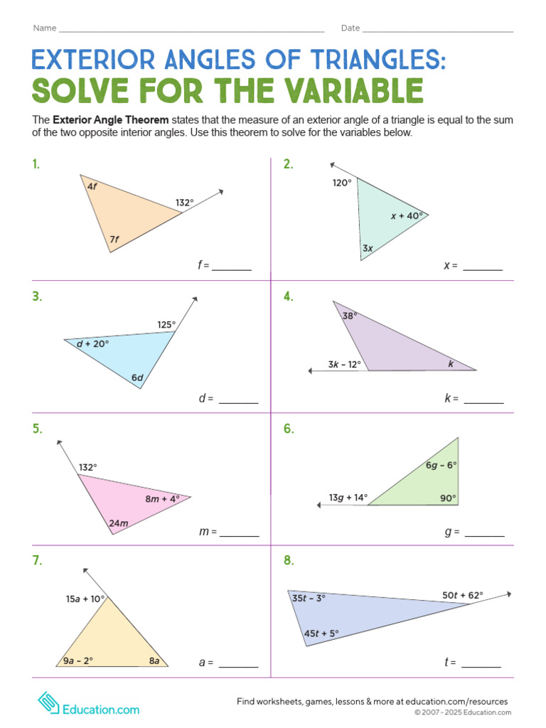 Exterior Angles of Triangles Solve For The Variable | PDF