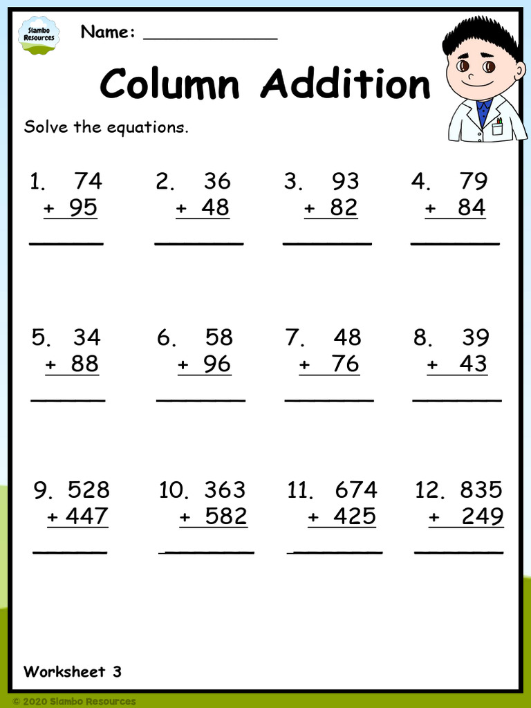 Grade 3 Column Addition Worksheet 3 | PDF