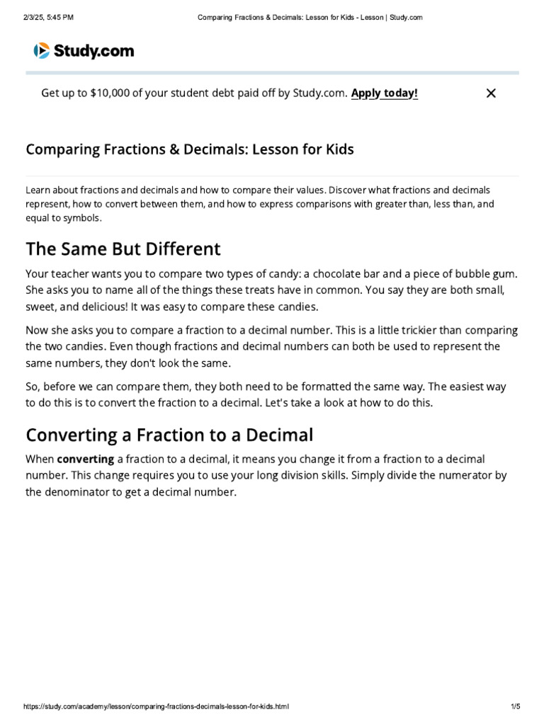 005 Comparing Fractions & Decimals - Lesson For Kids - Lesson - Study | PDF