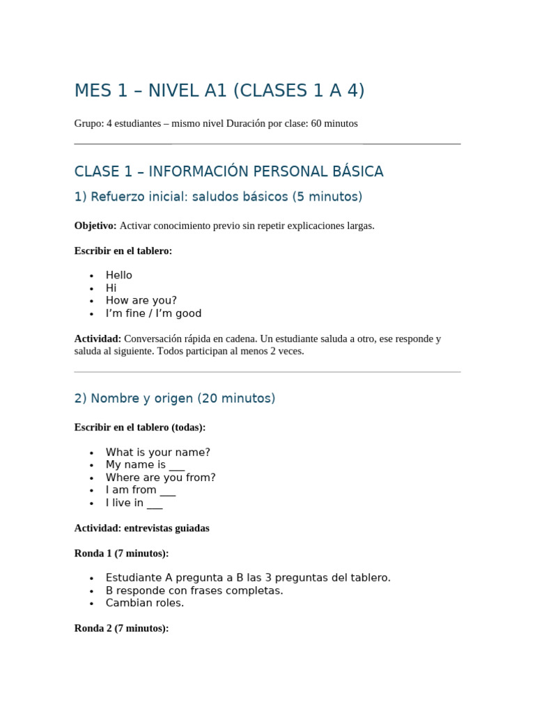 clases de inglés mes 1 nivel a1 | PDF